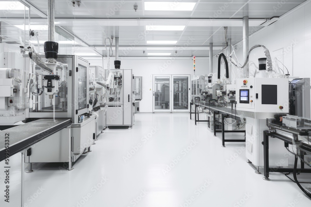 a cleanroom with a variety of robots and automation systems performing ...