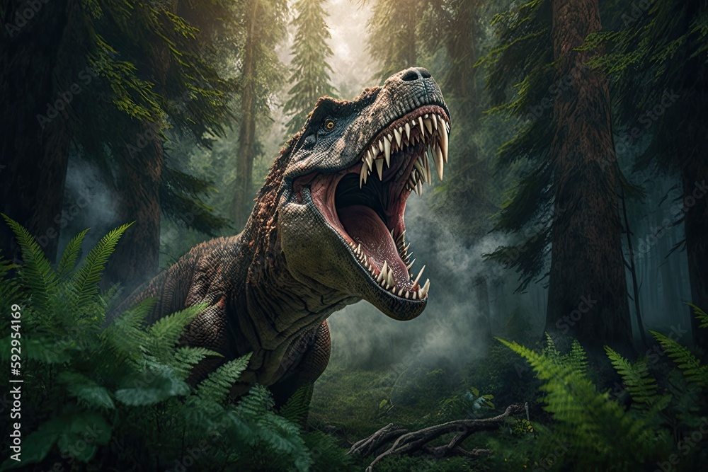 t-rex roaring in the midst of forest, its powerful jaws open, created ...