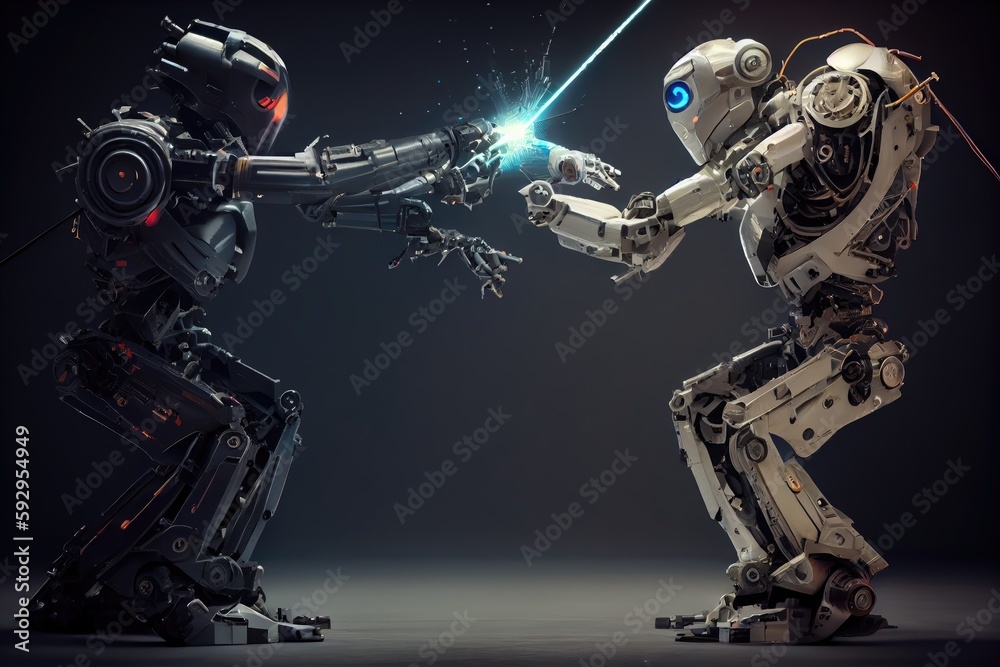ภาพประกอบสต็อก two robots, one with mechanical arm and the other with ...