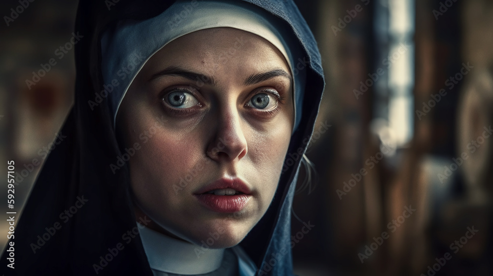 Portrait of young nun with blue eyes and black hat. Generative AI. High ...