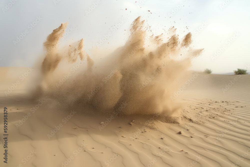 sand explosion, with debris flying through the air and raining down on desert floor, created ...