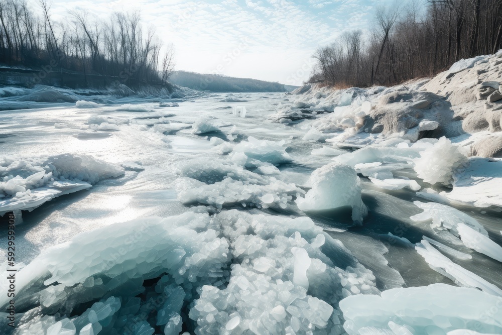 frozen river with broken ice, showing the current and flow of water ...