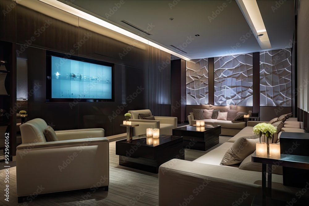 ultra-modern lounge with state-of-the-art sound system, plush seating ...