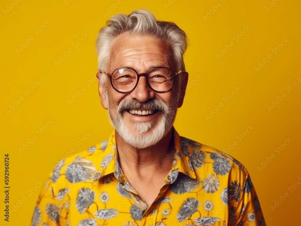 cool elderly man posing in studio lighting in front of yellow ...