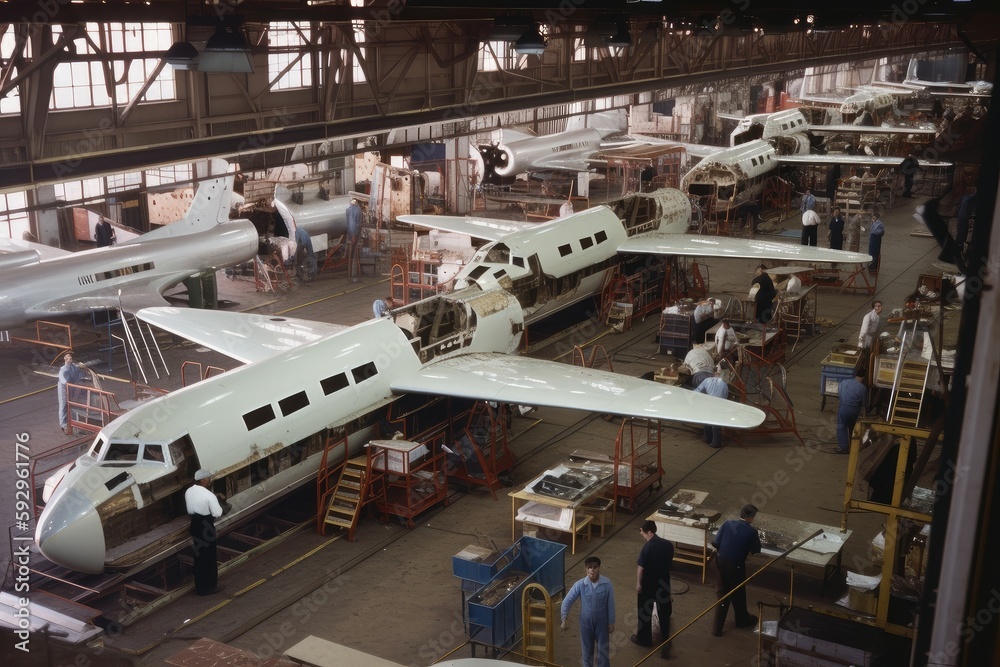aviation company, showing the factory floor and assembly line, with ...