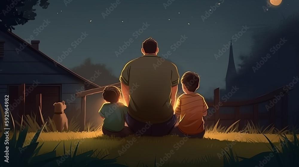 Father's Day illustration - Back view of father sitting with his ...