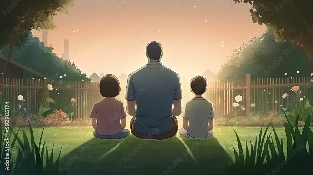 Father's Day illustration - Back view of father sitting with his ...