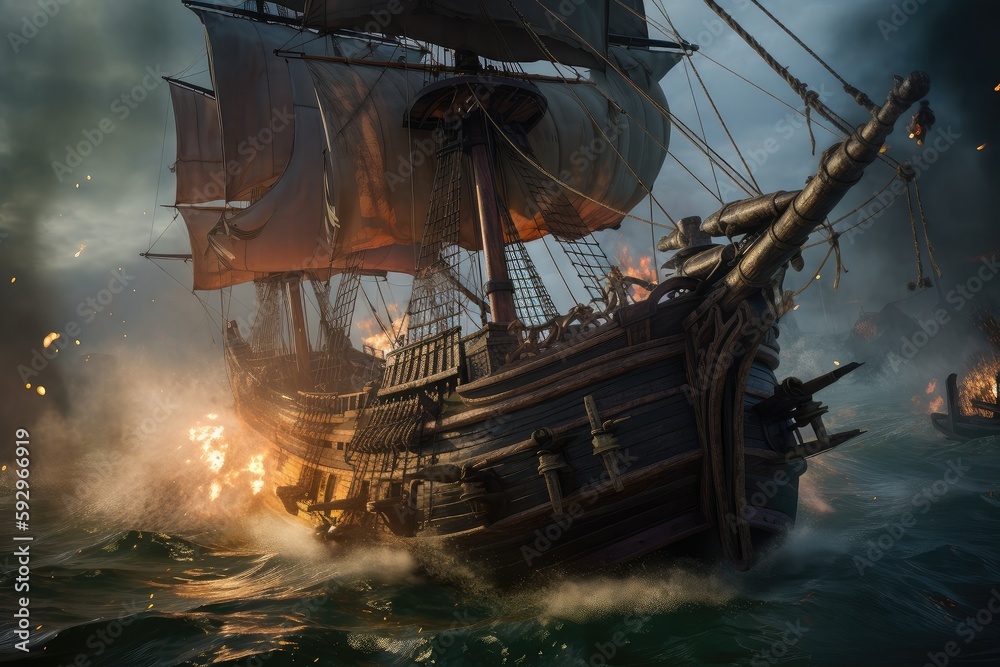 pirate ship under attack by enemy, with cannon fire and smoke in the ...