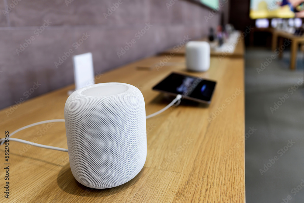 Paris, France - Mar 20, 2023: Rows of new HomePod 2nd generation with ...