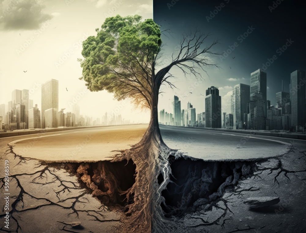 Half alive and half dead tree standing at the crossroad against the ...