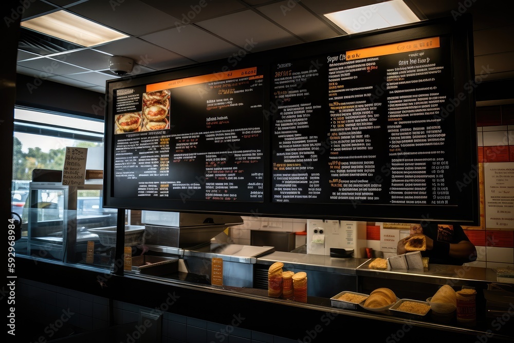 drive-thru window, with menu board and pricing visible, for quick and ...