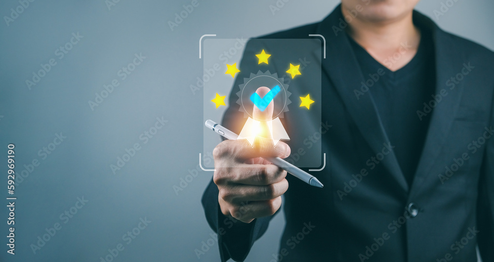 Man hand showing Top Service sign, service satisfaction 5-star quality ...