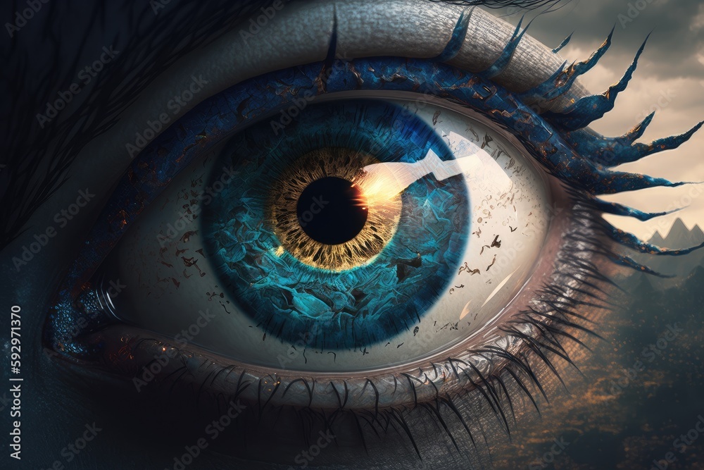 person, seeing the evil eye for the first time, with mix of fright and ...