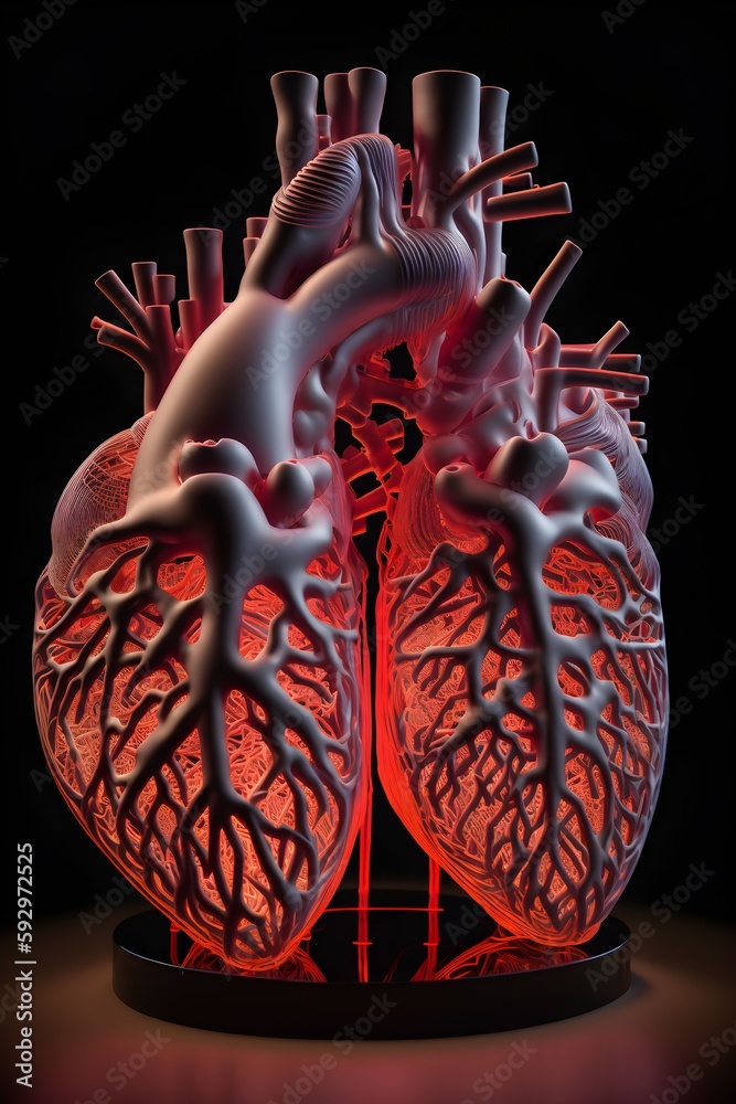 A 3D-printed model of a human heart, showing its chambers and blood ...
