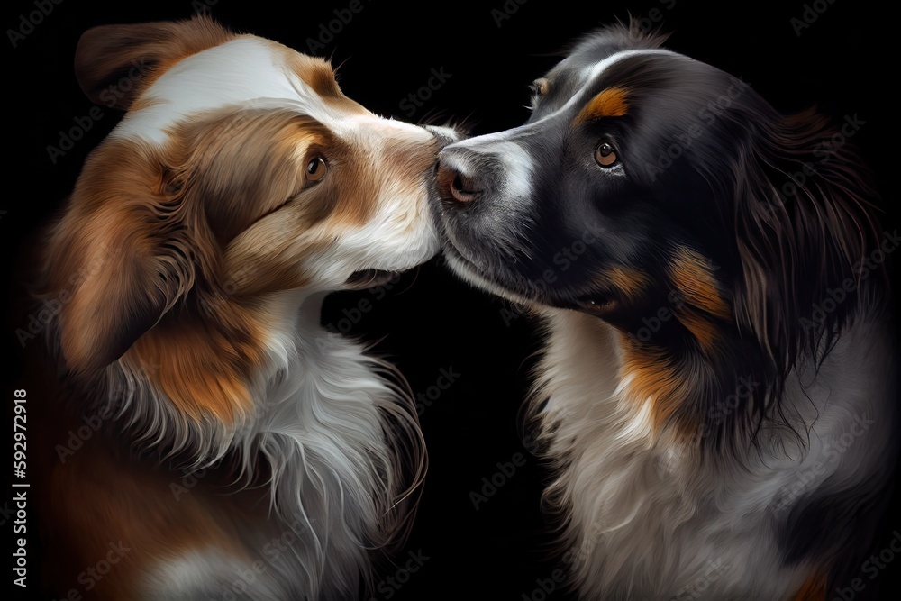 two dogs, with their heads together and tails wagging, sharing an ...