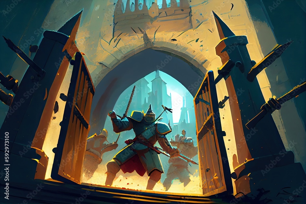 hodge of soldiers storming fortress gate, with arrows flying and swords ...
