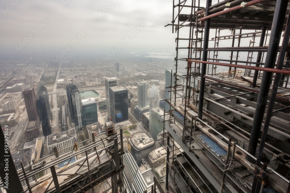 scaffolding tower with view of modern cityscape, with skyscrapers and ...