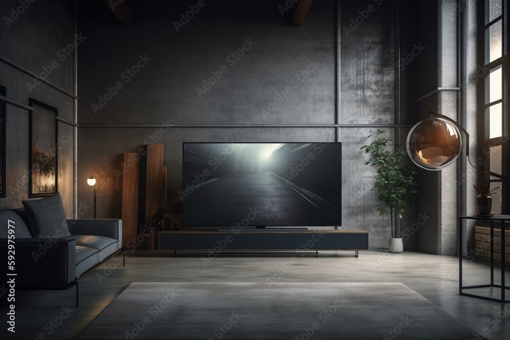 Blank TV screen in modern dark interior with gray sofa in darkness mock ...