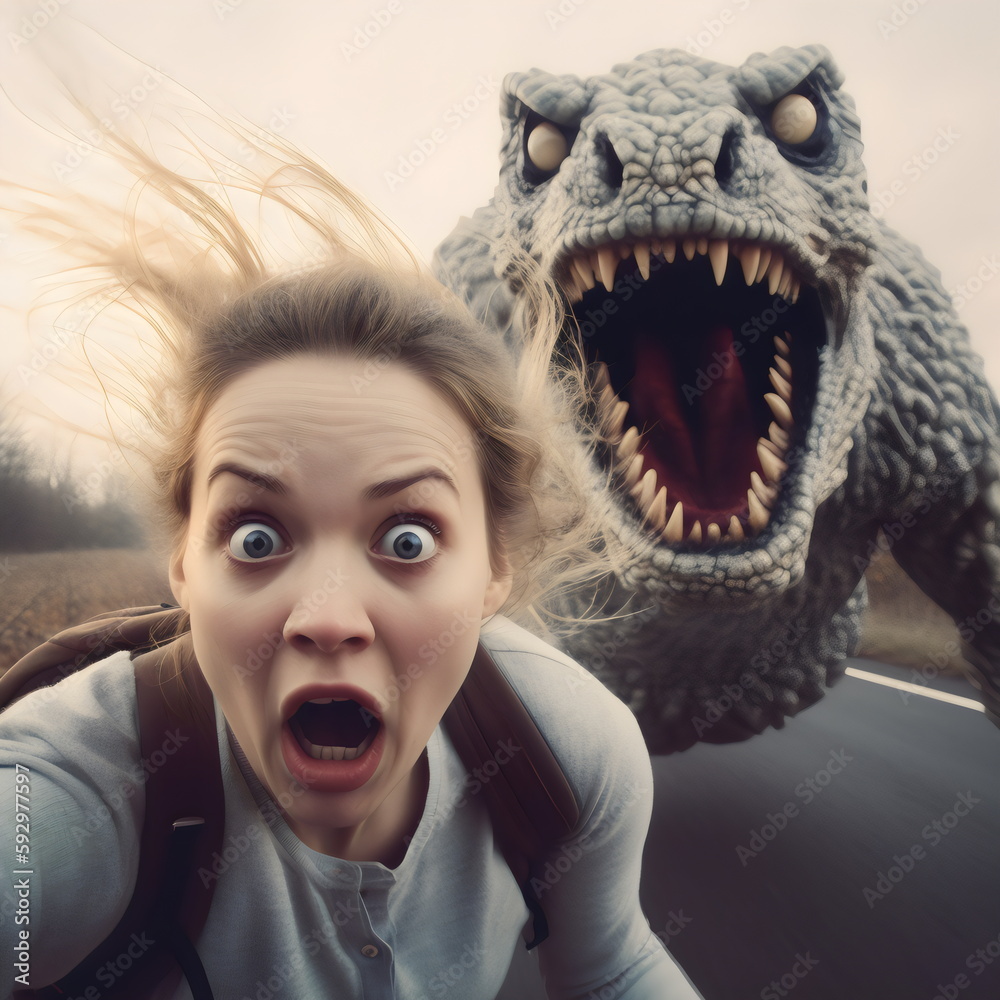 blonde woman taking a selfie while being chased by a monster, made with ...