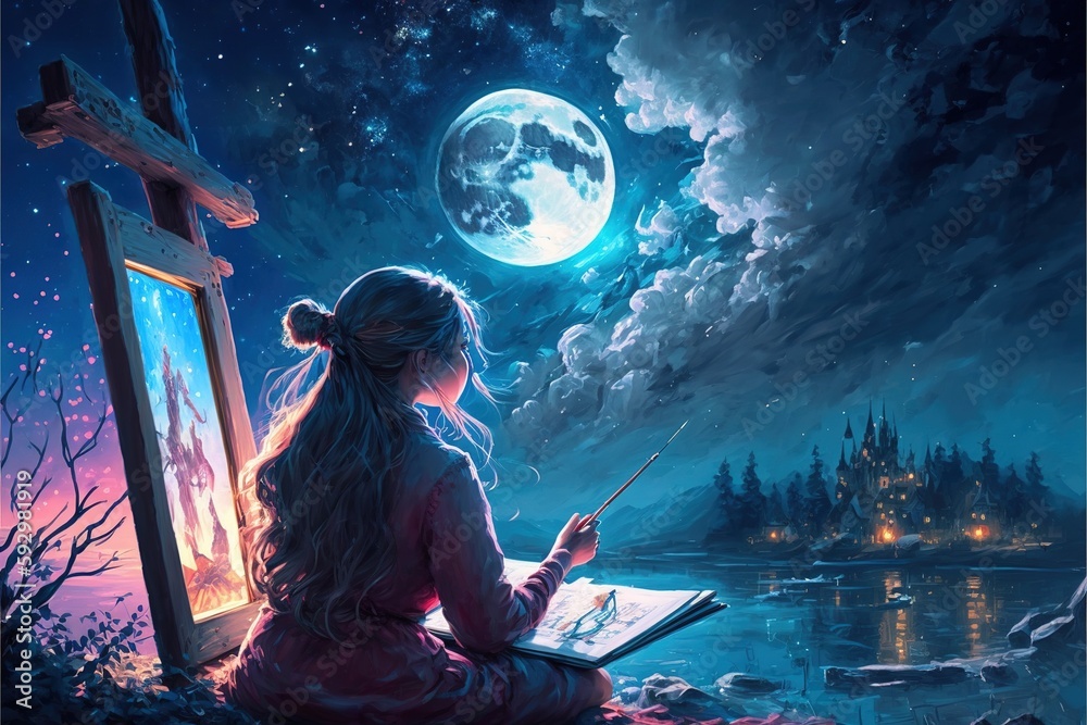 Young girl painting fairytale moonlight and blue sky of the starry ...