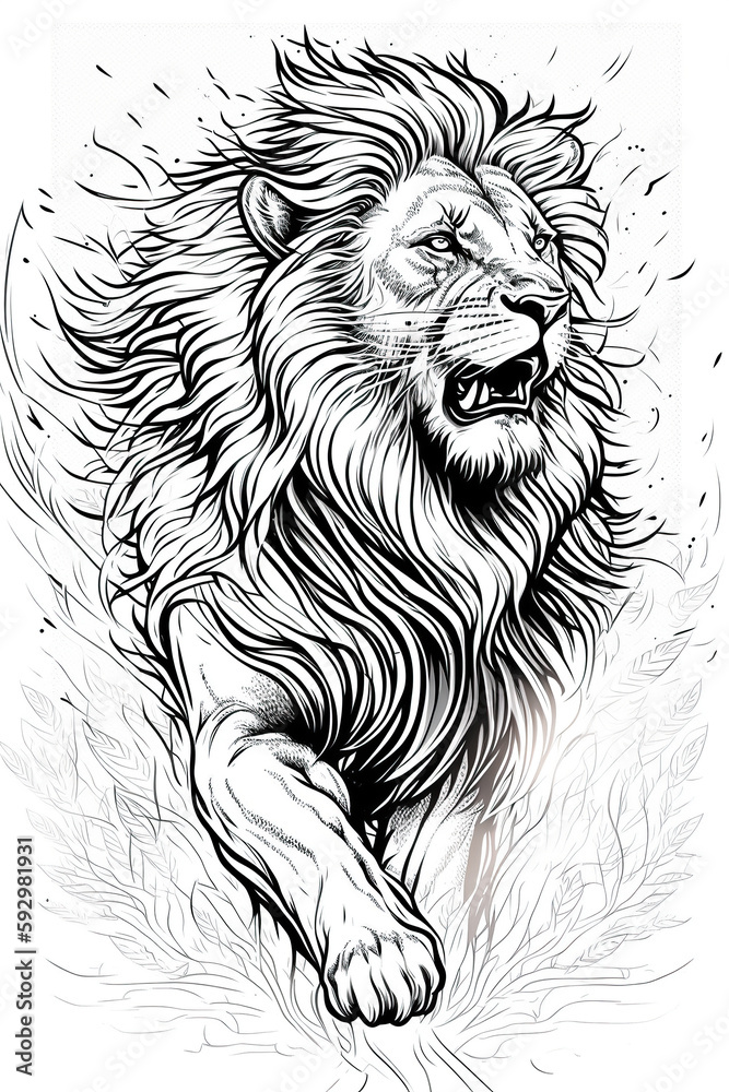Fierce lion roaring in the jungle, line art for coloring book, crisp ...