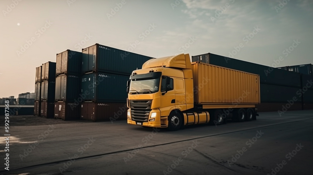yellow truck, container, container ship, road transportation logistics ...