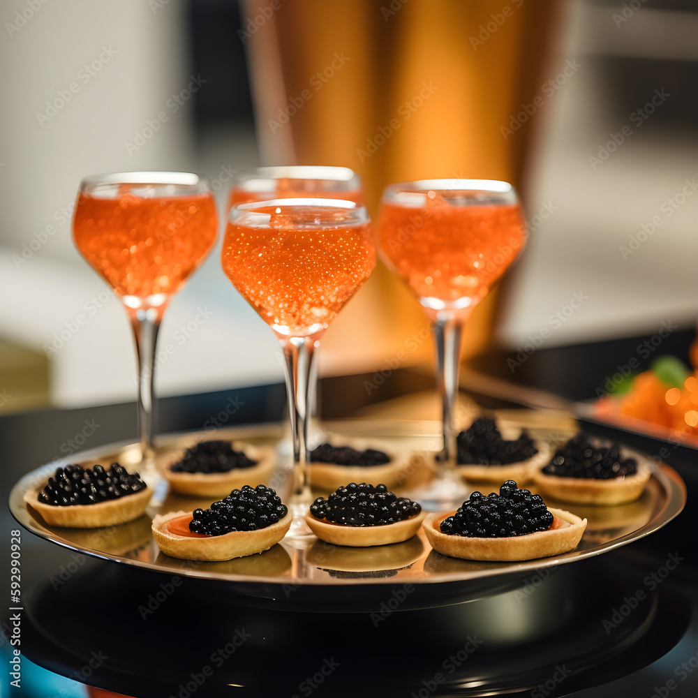 Serving tray with tartlets with black caviar and glasses or red caviar ...