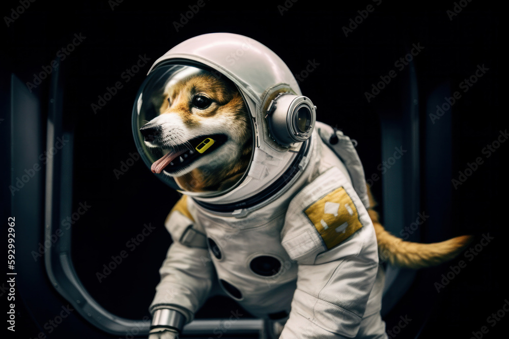 An adorable dog in a space suit with its mouth open in excitement ...