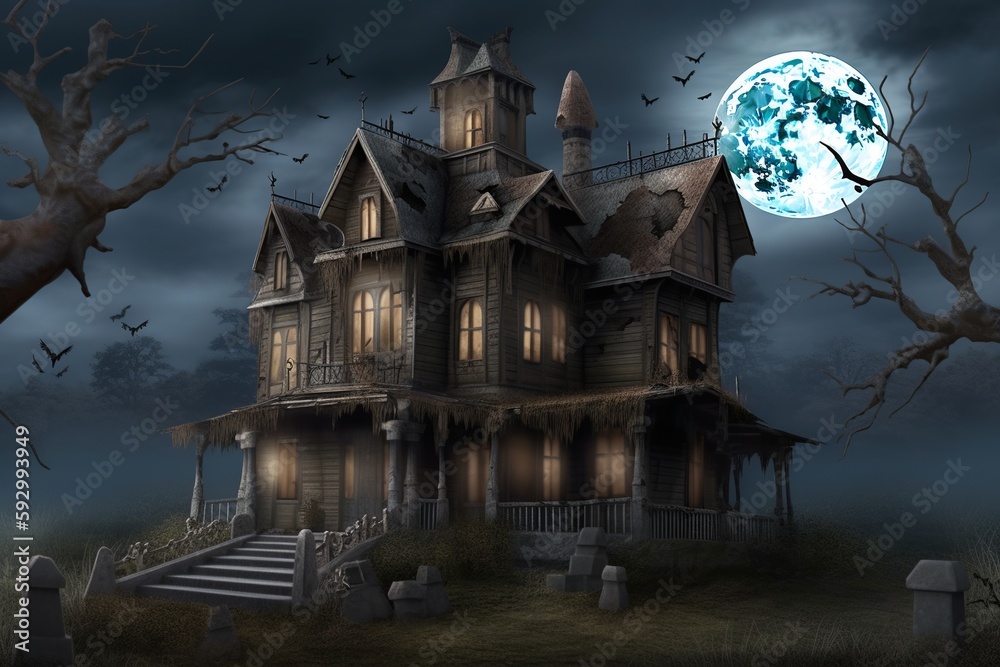 Haunted house on immersive 3D background for spine-chilling Halloween ...