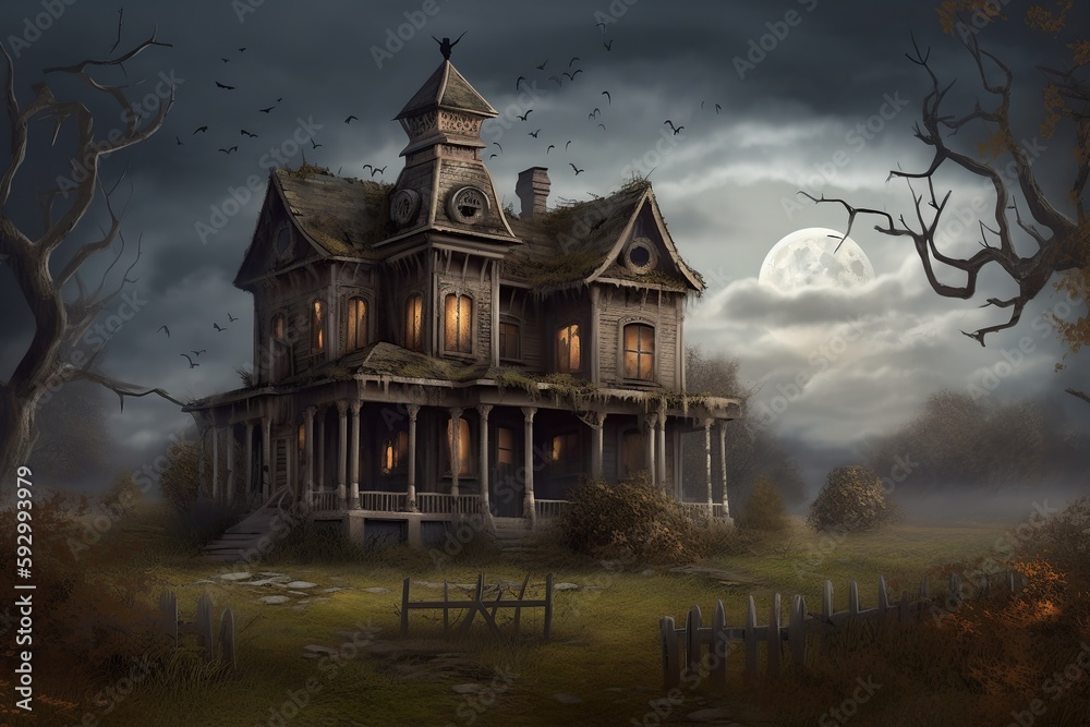 Haunted house on immersive 3D background for spine-chilling Halloween ...