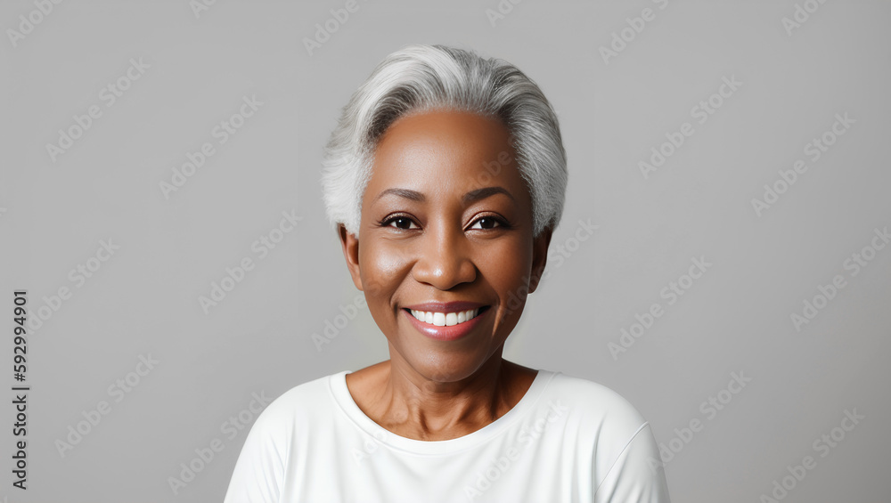 Black woman with short grey hair on grey empty background with copy ...