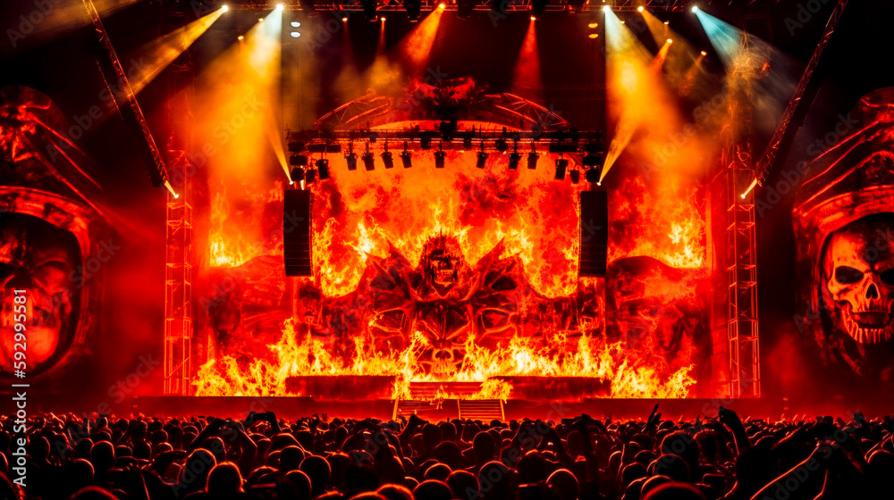 Silhouettes of Rock concert crowd in front of bright stage lights, Fire ...