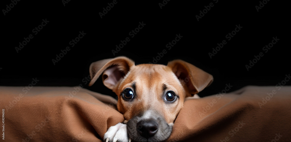 Homeless dog in blanket on city street. World day of homeless animals ...