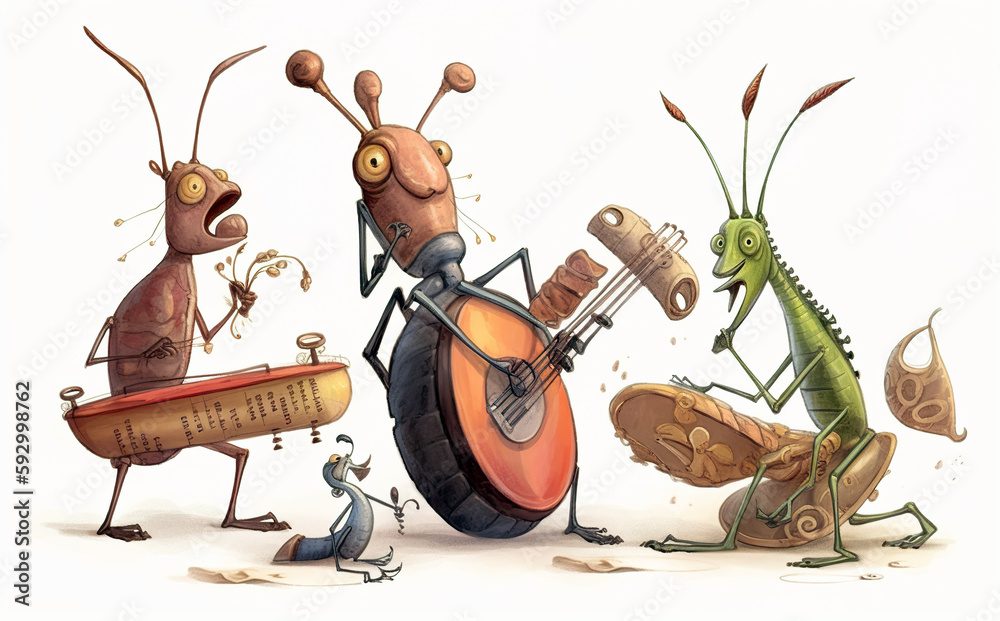 Happy and joyful insects playing musical instruments. Cartoon ...