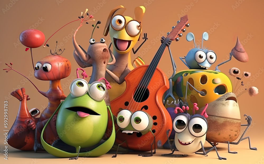 Happy and joyful insects playing musical instruments. Cartoon ...