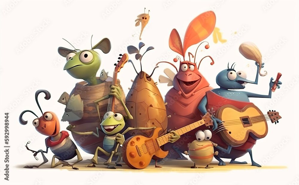 Happy and joyful insects playing musical instruments. Cartoon ...