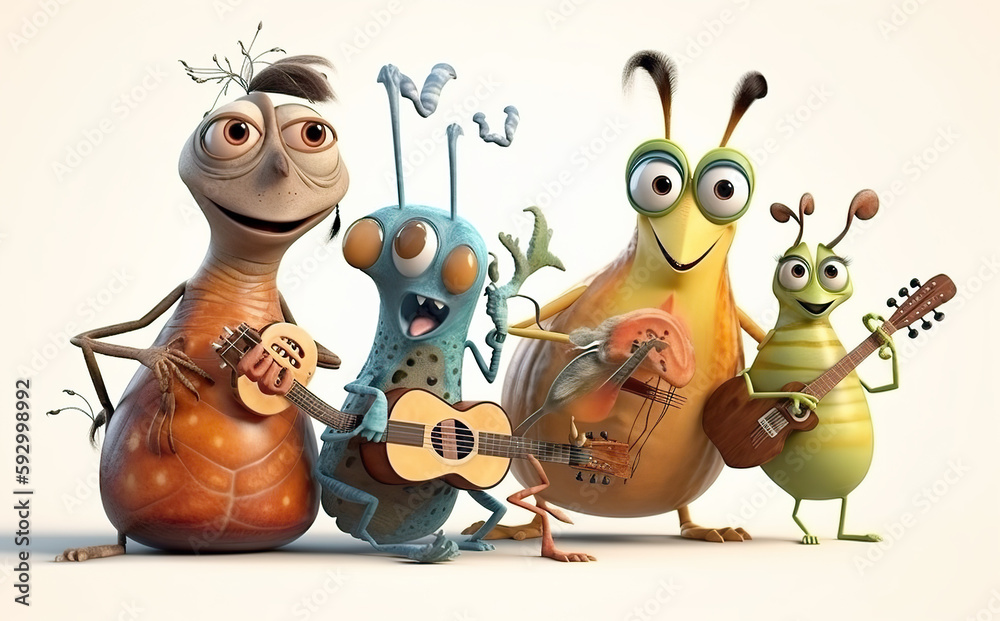 Happy and joyful insects playing musical instruments. Cartoon ...