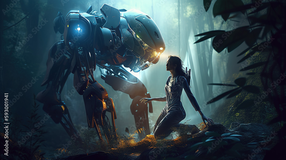 beautiful girl fighting with a robot created with Generative AI ...