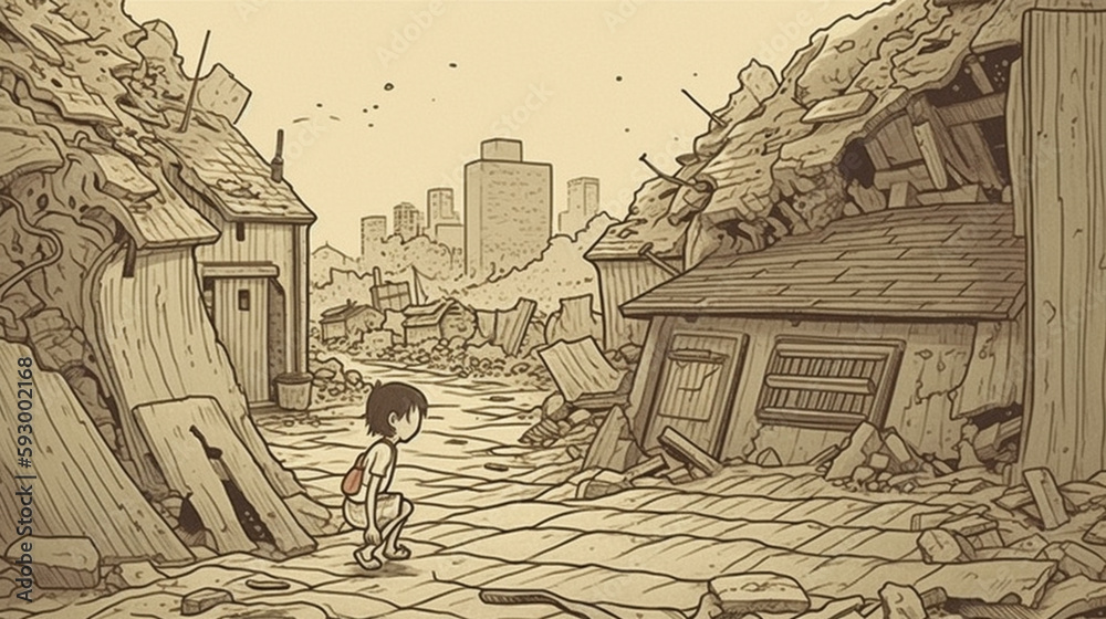 earthquake concept drawing. Cartoon image of a child playing on the ...