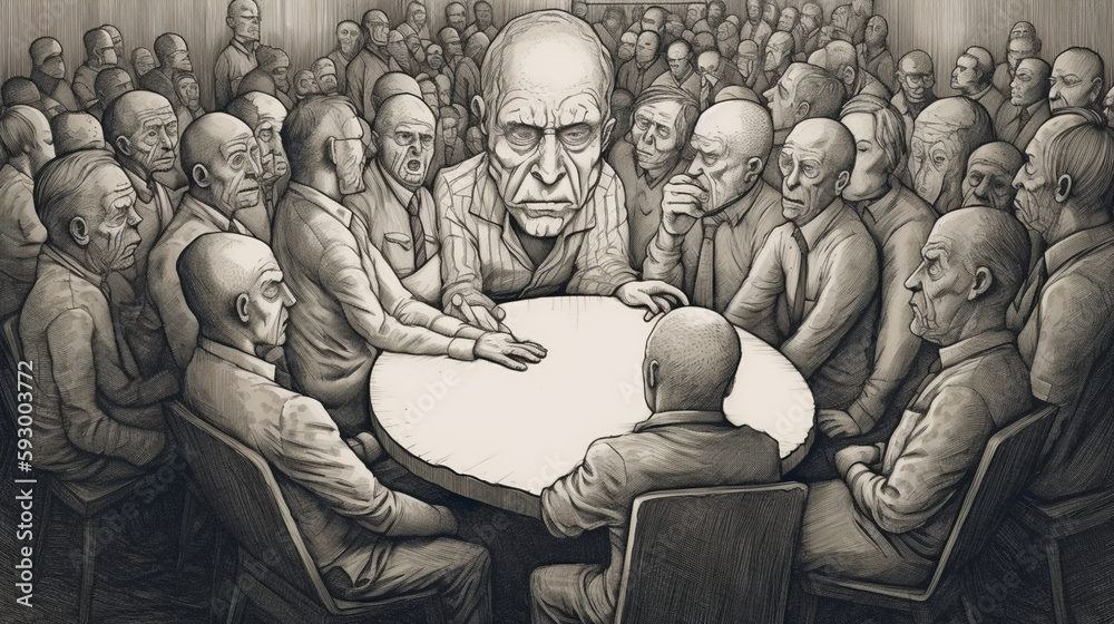 politics concept. Sketch of a group of people sitting around a table ...