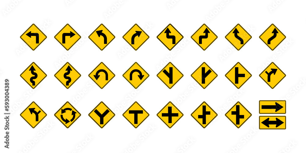 Horizontal Alignment and Intersection Warning Signs set. Vector ... Horizontal Alignment and Intersection Warning Signs set. Vector ...