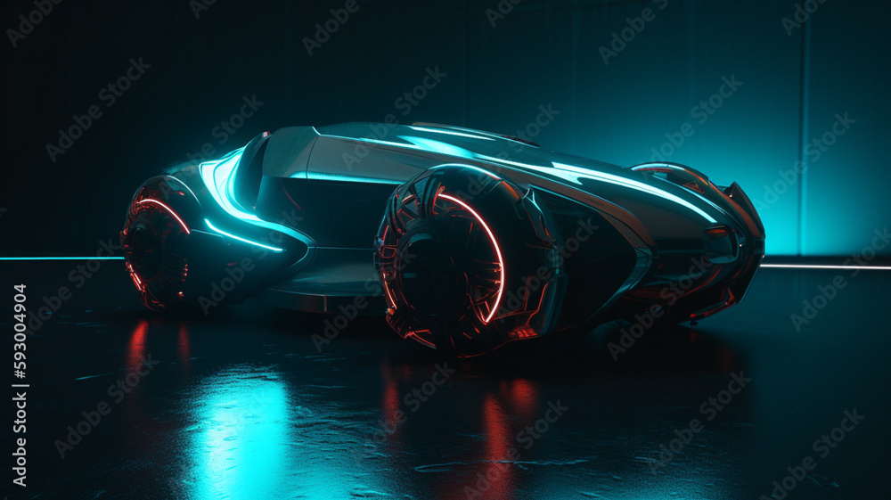 Futuristic black electric automobile with cyan blue and red led neon ...