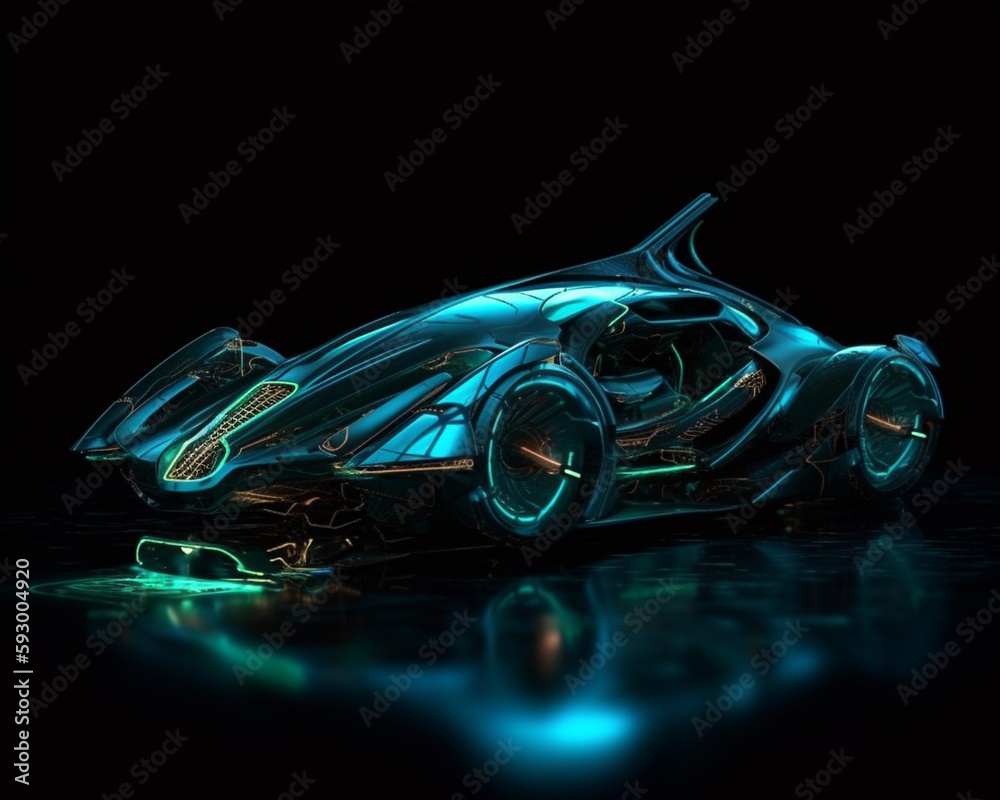 Futuristic black electric automobile with cyan blue neon led lights. Ai ...
