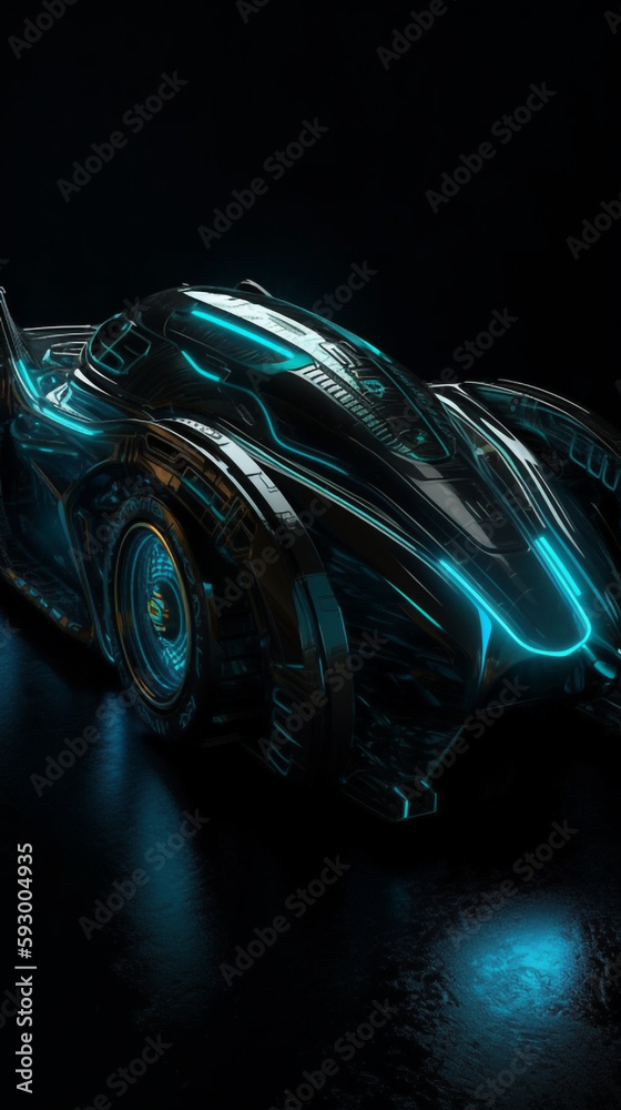 Futuristic black electric automobile with cyan blue neon led lights. Ai ...