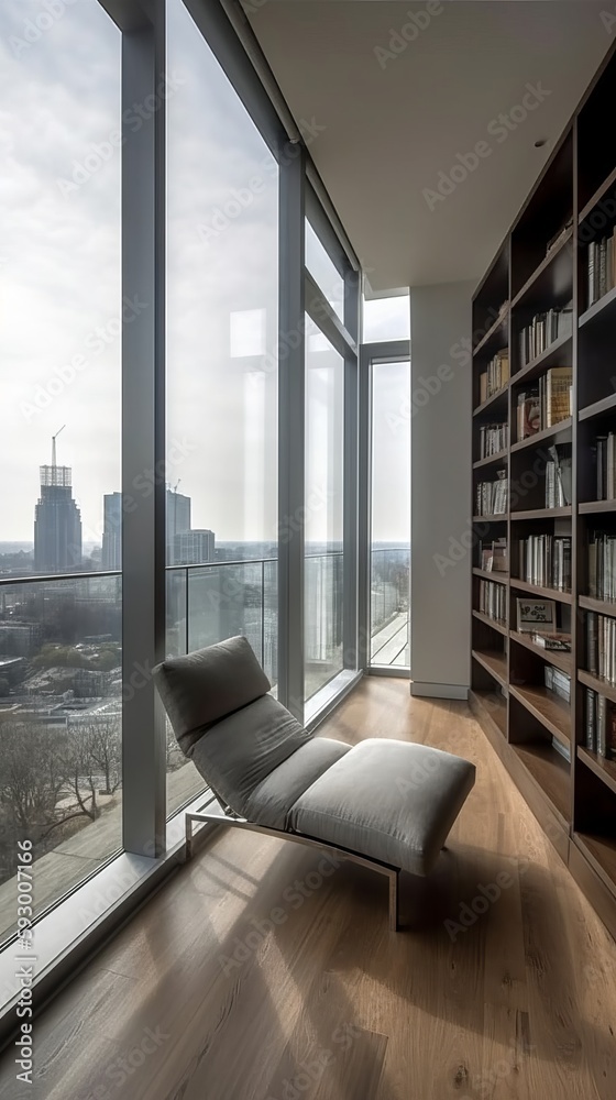 Sleek Home Library with Floor-to-Ceiling Windows & Cozy Reading Nook ...
