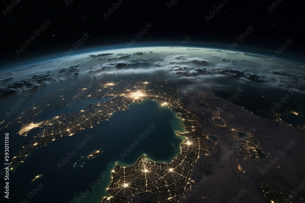 Qatar at night from space with Moon and Milky Way. Detailed planet ...