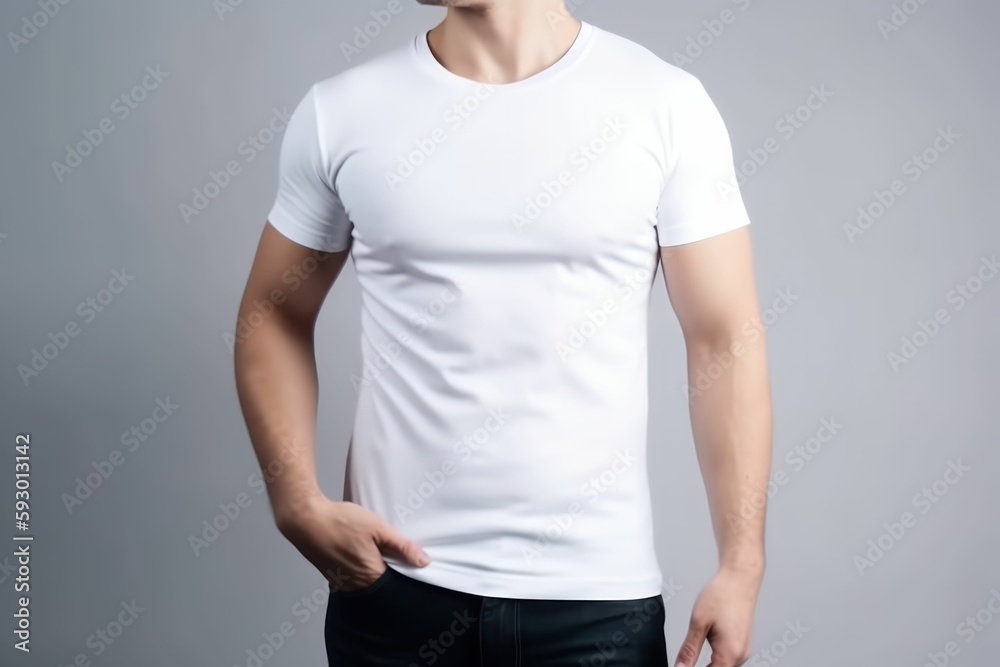 White man model wearing a plain white short sleeved t-shirt, isolated ...