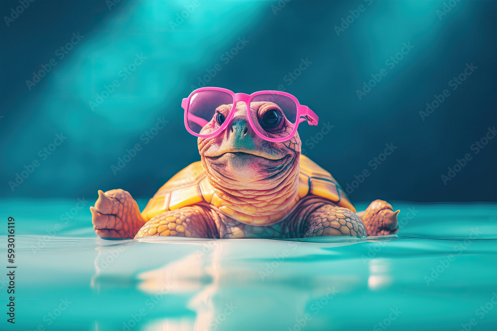 Tortoise spend its summer holidays in a swimming pool in a luxury ...