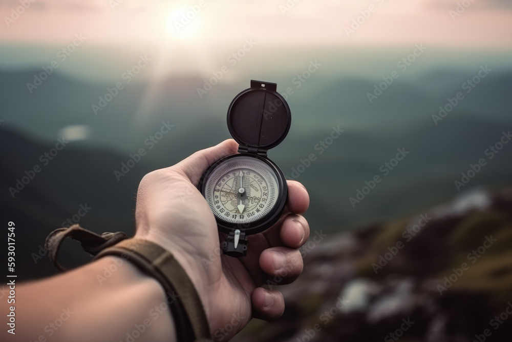 Compass and map in hands of traveler for checking and searching ...