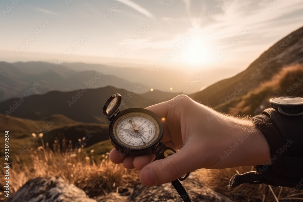 Compass and map in hands of traveler for checking and searching ...